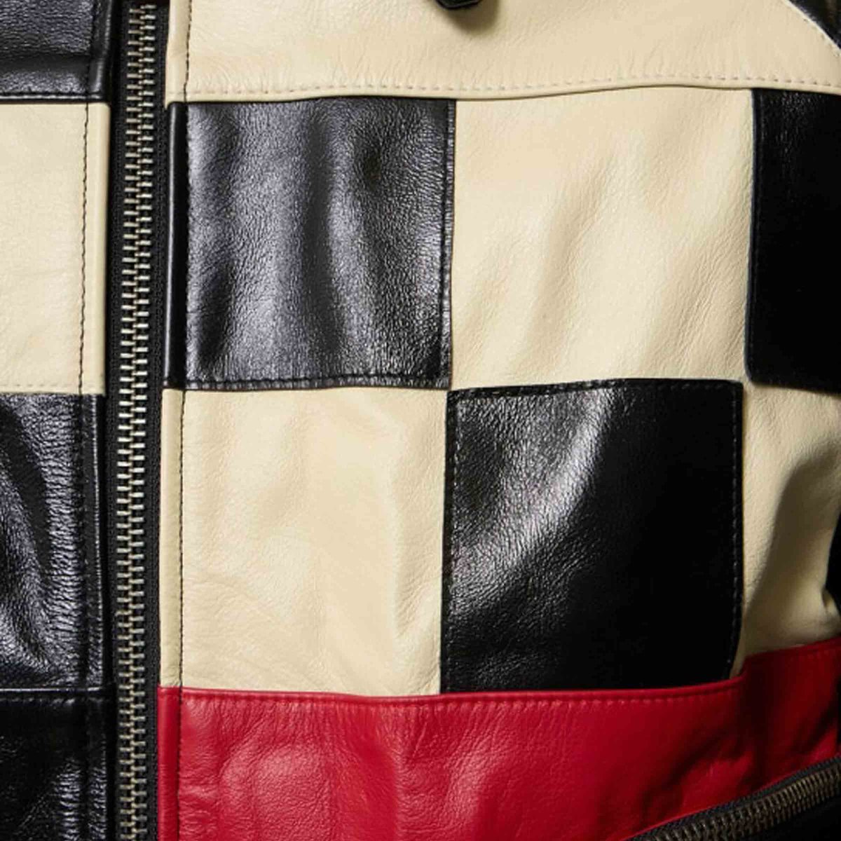 Checkerboard Patchwork Leather Biker Jacket Checkerboard Patchwork Leather Biker Jacket Black ...