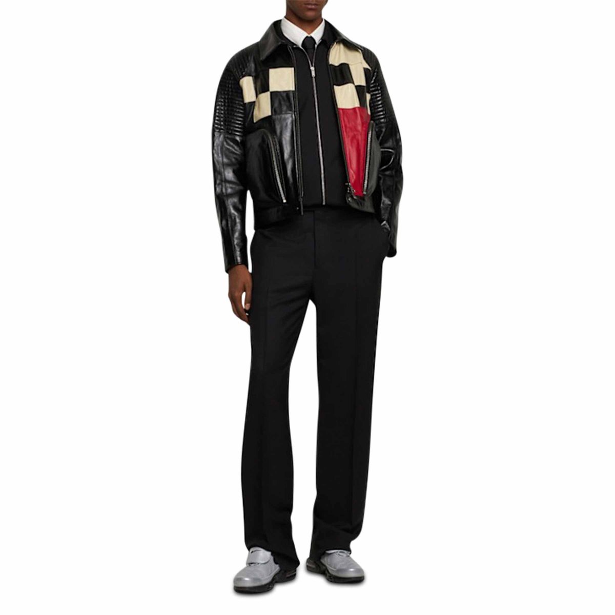 Checkerboard Patchwork Leather Biker Jacket Checkerboard Patchwork Leather Biker Jacket Black ...