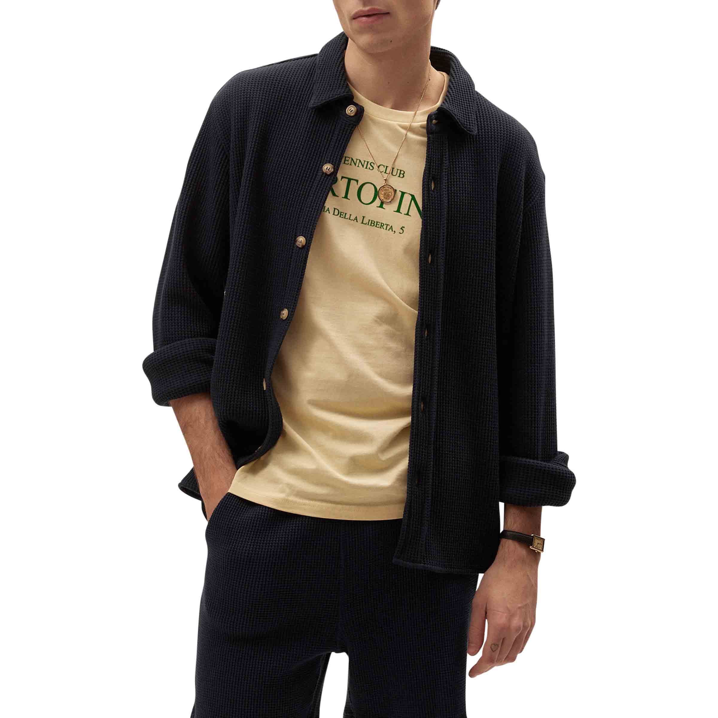 Harmony Calixte Cotton Waffle Knit Overshirt Navy | SUBTYPE